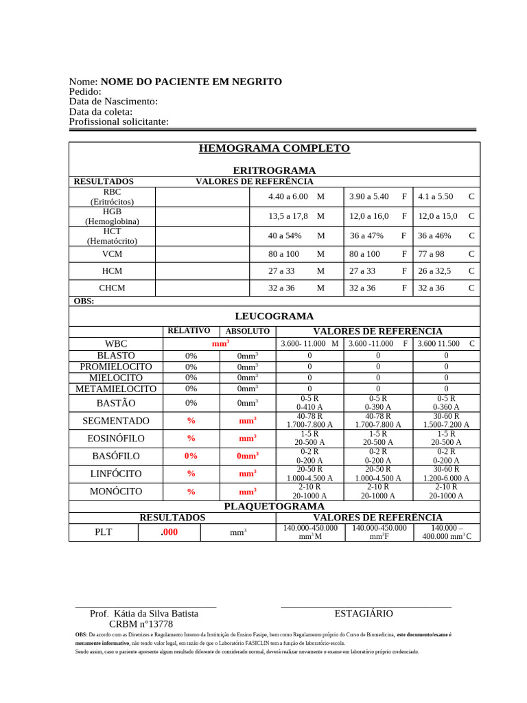 LAUDO HEMOGRAMA | PDF | Medicina Clínica | Bioquímica