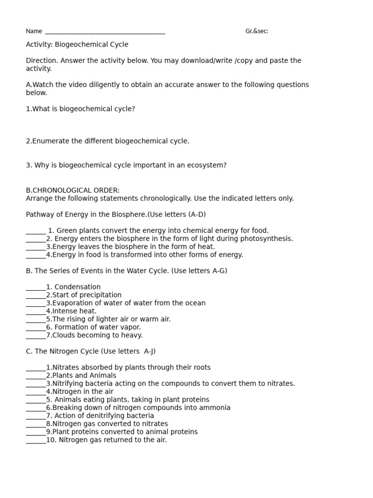 ACTIVITY-BIOGEOCHEMICAL-CYCLE-2024 | PDF