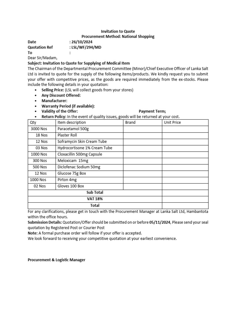 Medical Supplies Quotation Request | PDF