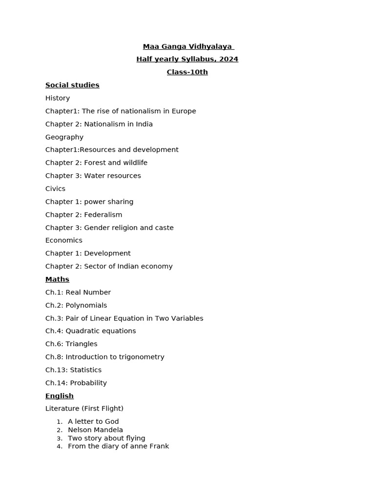 Class 10th Half Yearly Syllabus | PDF