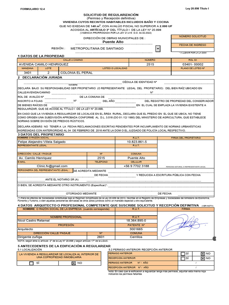 Solicitud Regularizacion Ley 20.898 Vivienda Hasta 140 m2 Signed | PDF ...