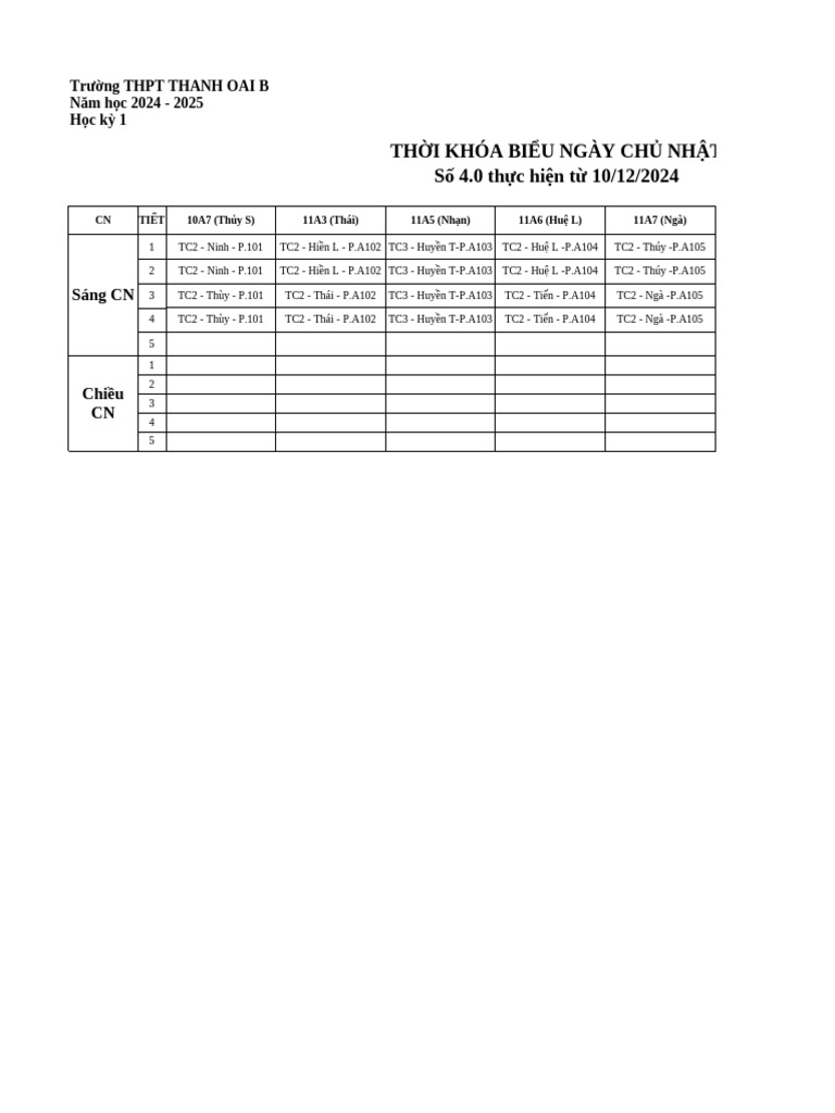 TKB HK1 2024 - 2025 Chủ Nhật So 4.0 2 | PDF
