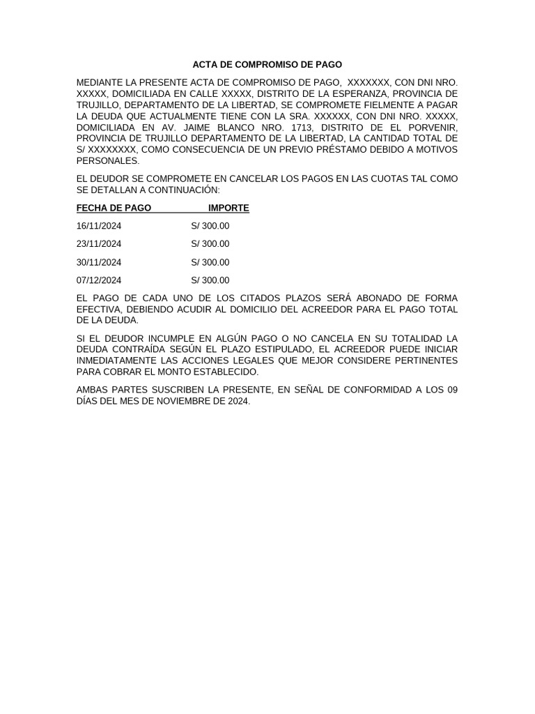 Acta de Compromiso de Pago | PDF
