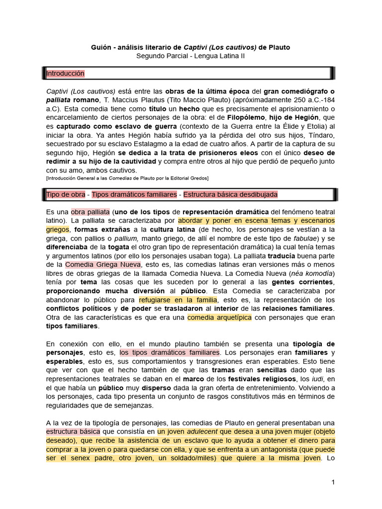Guión - Análisis Literario - Captivi de Plauto | PDF