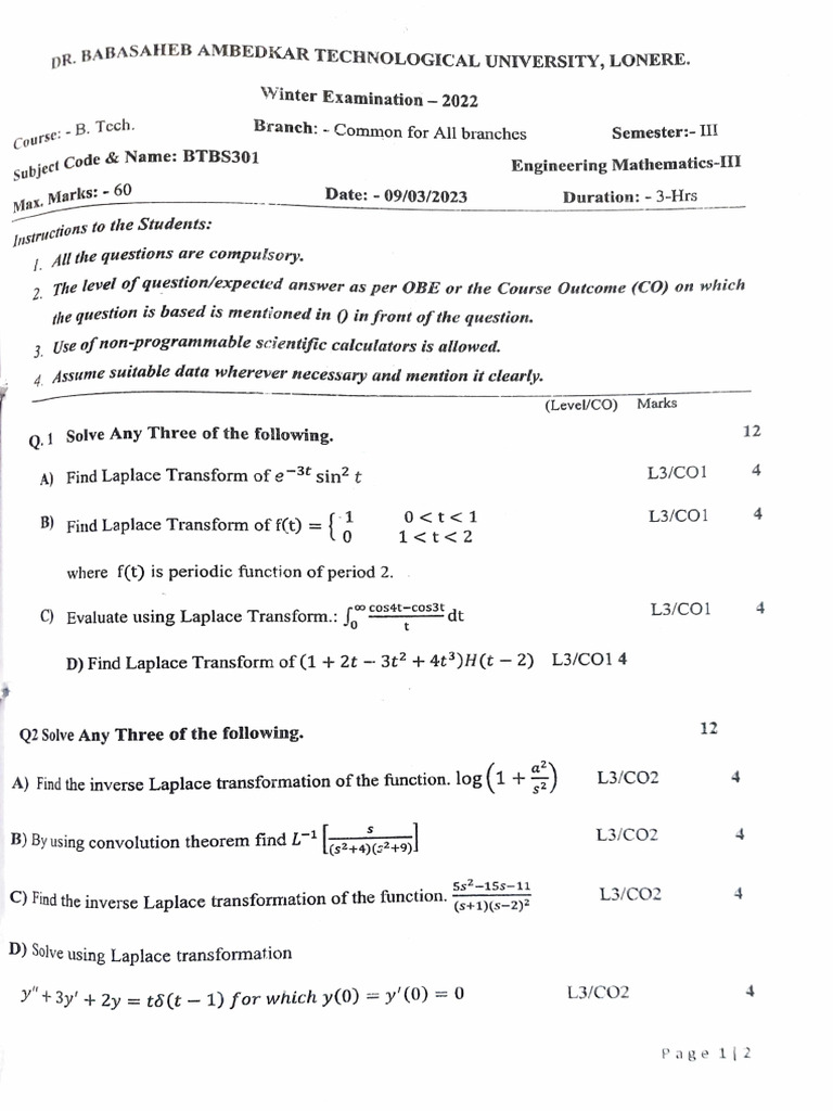 Dbatu em 3 Question Paper | PDF | Mathematical Physics | Mathematical ...
