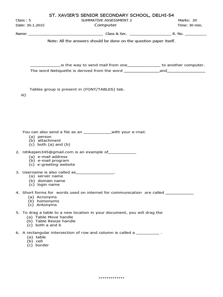 ICSE Class 5 Annual Exam Model Question Paper 1 - COMPUTER SCIENCE ...