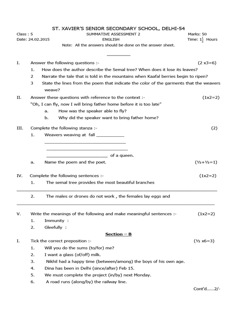 ICSE Class 5 Annual Exam Model Question Paper 2- ENGLISH | PDF | Sleep ...