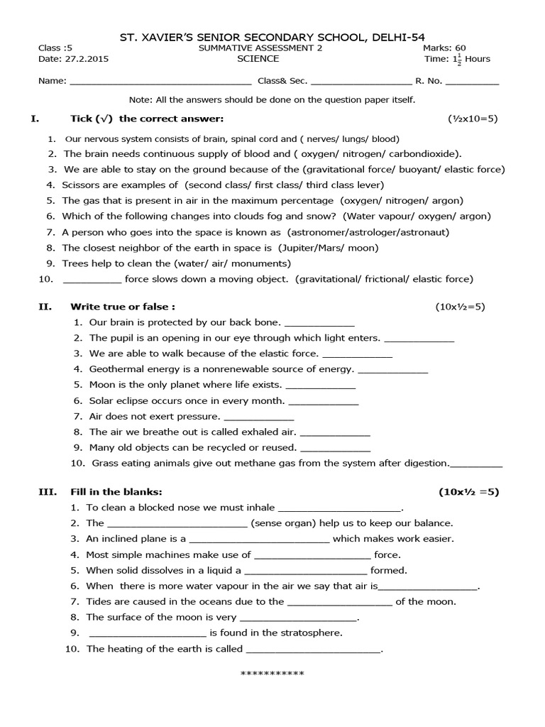 Class 5 Science Summative Assessment | PDF | Atmosphere Of Earth | Moon
