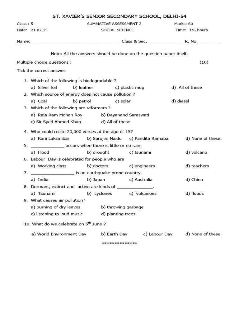 ICSE Class 5 Annual Exam Model Question Paper 2 - SOCIAL SCIENCE | PDF | Earth | Physical Geography