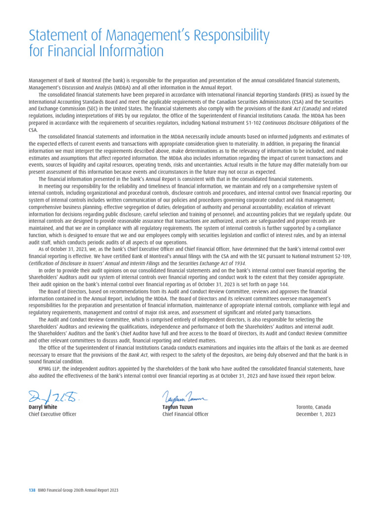 Bmo Ar2023 CFS | PDF | Internal Control | Financial Statement