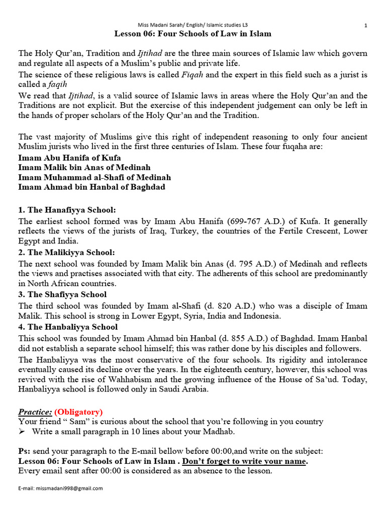 Lesson06 Four Schools of Law in Islam | PDF | Islamic Jurisprudence | Abrahamic Religions