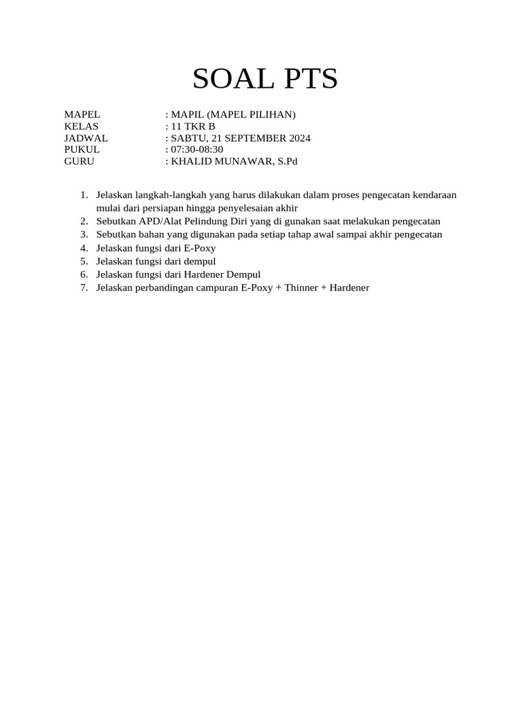 Soal Pts Kelas 11 Tkr b Mapil - Copy | PDF