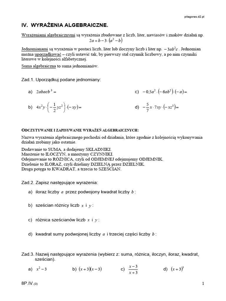 Wyrażenia Algebraiczne L04 | PDF