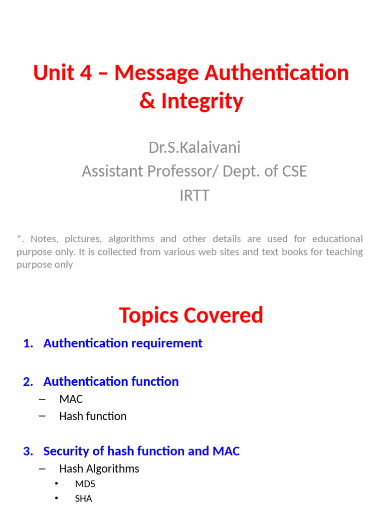 Unit 4-Msg Authentication, Integrity-CNS | PDF | Public Key Certificate | Encryption