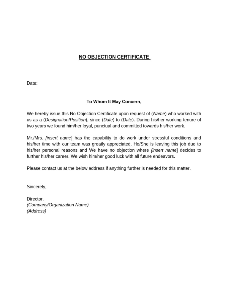 Sample No Objection Certificate From Former Employer | PDF