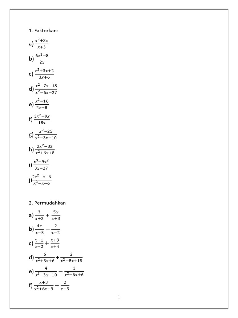 Form 2 Math Bab 2 Pecahan Algebra Exercise | PDF