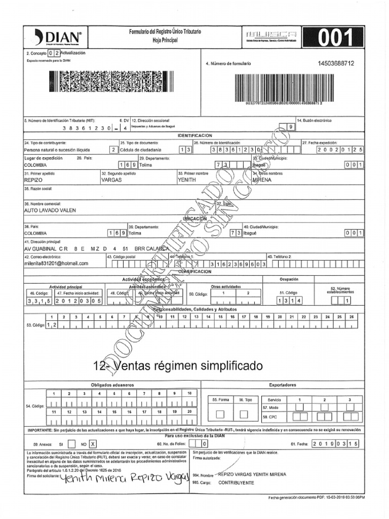 Rut - Autolavado Valen-Mirena Yenith Repizo Vargas | PDF