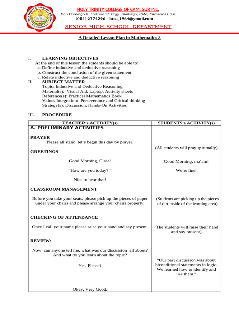 DETAILED LESSON PLAN 1 | PDF | Inductive Reasoning | Deductive Reasoning