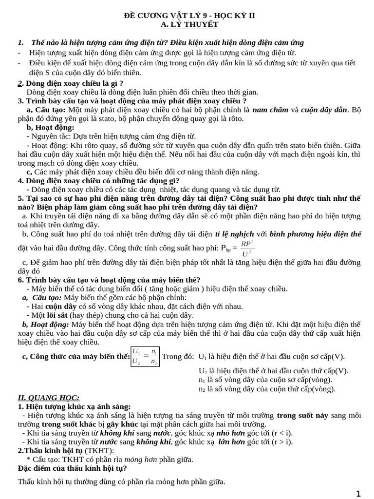 De Cuong On Tap Vat Ly 9 Hkii | PDF