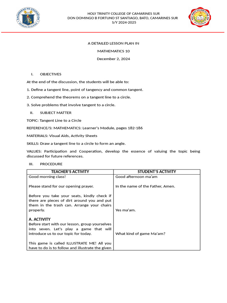 DETAILED LESSON PLAN 3 | PDF | Circle | Perpendicular