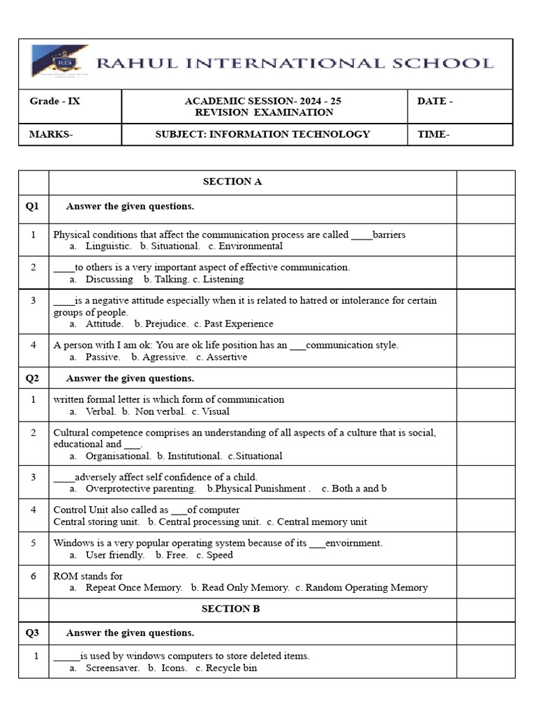 Grade IX IT Revision Exam 2024-25 | PDF | Icon (Computing) | Communication