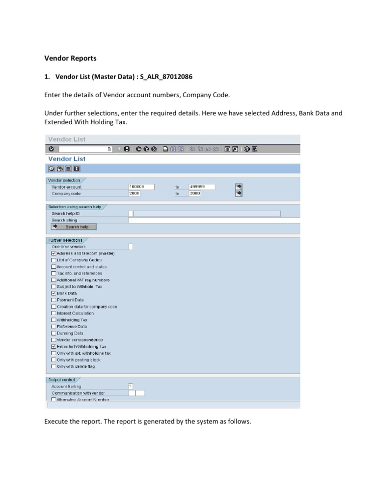 Vendor Reports: 1. C Vendor List (Master Data) : S - ALR - 87012086 | PDF