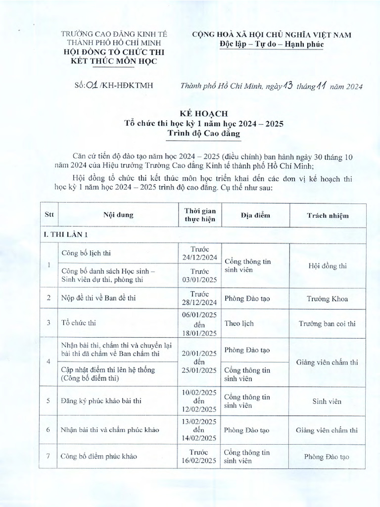 KH Thi HK1 - 2024-2025 | PDF
