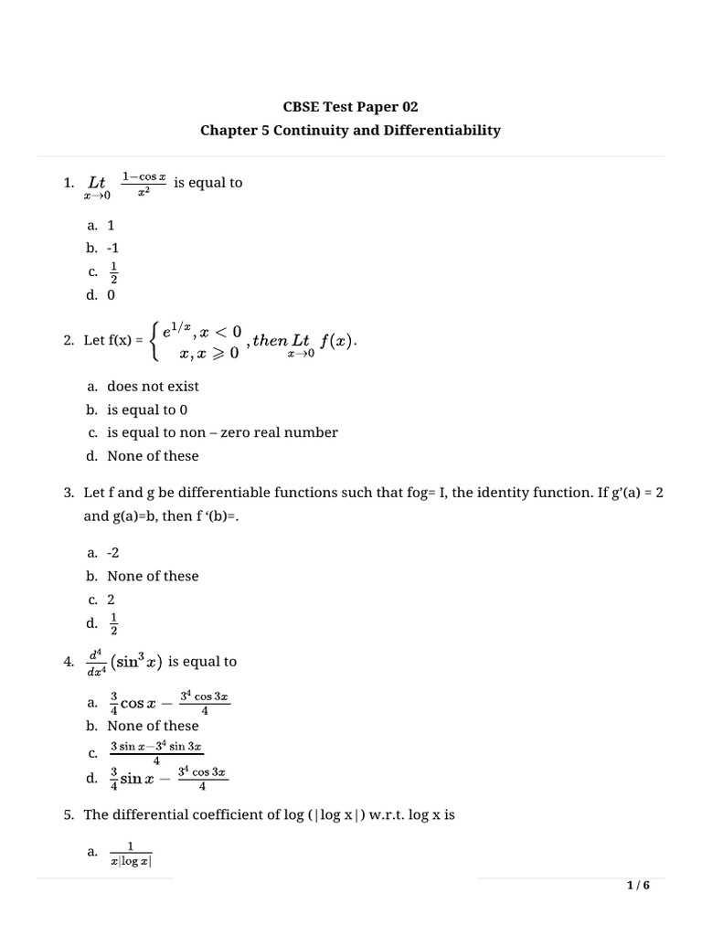 CBSE Chapter 5: Continuity & Differentiability Test | PDF | Function ...
