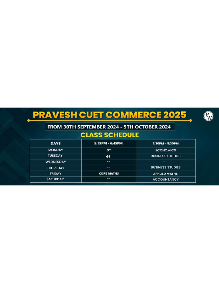 Class Schedule - (Pravesh CUET Commerce 2025) | PDF