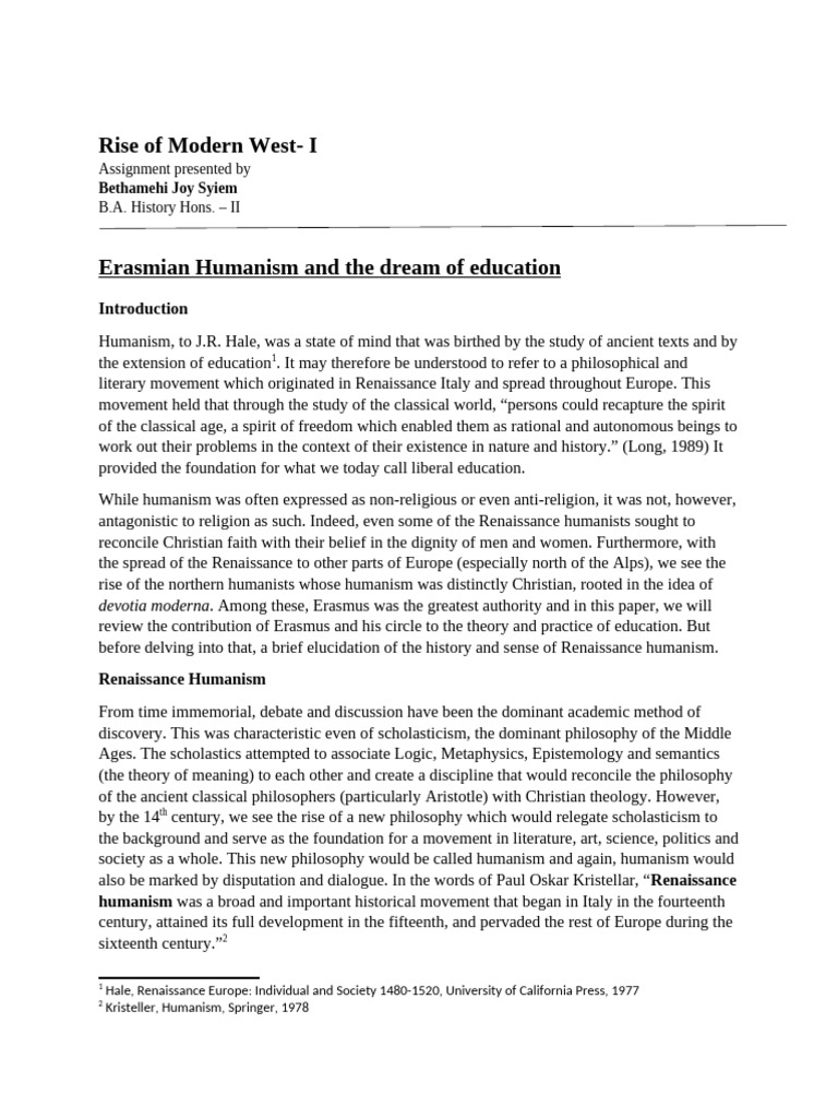 Erasmian Humanism Beth Assignment | PDF | Humanism | Renaissance