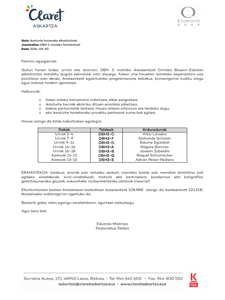 DBH3. Ikasturte Hasierako Elkarbizitza 2024-25 Convivencias Inicio de ...