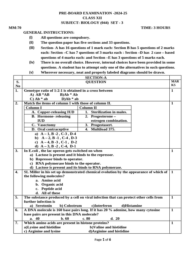 SET 3 QP BIO (PB 2024-25) and Practice | PDF | Biochemistry | Chemistry