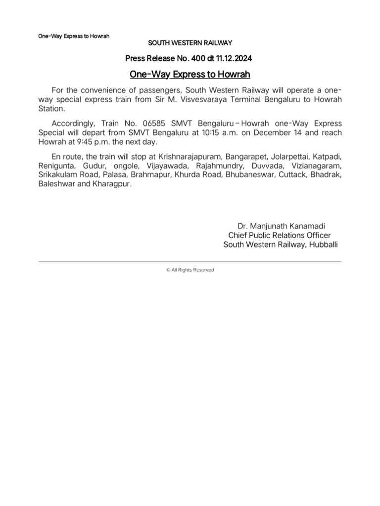 One-Way Express Train to Howrah | PDF