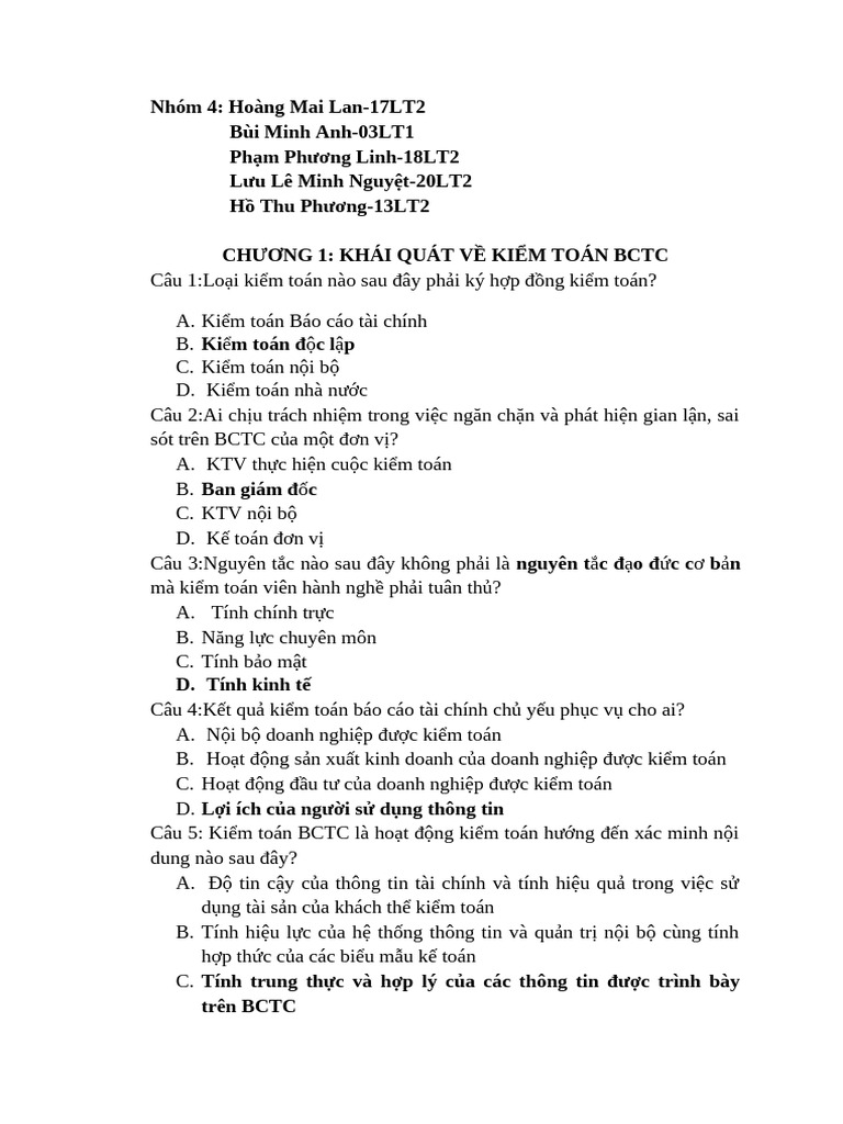 Trắc nghiệm Kiểm toán BCTC | PDF