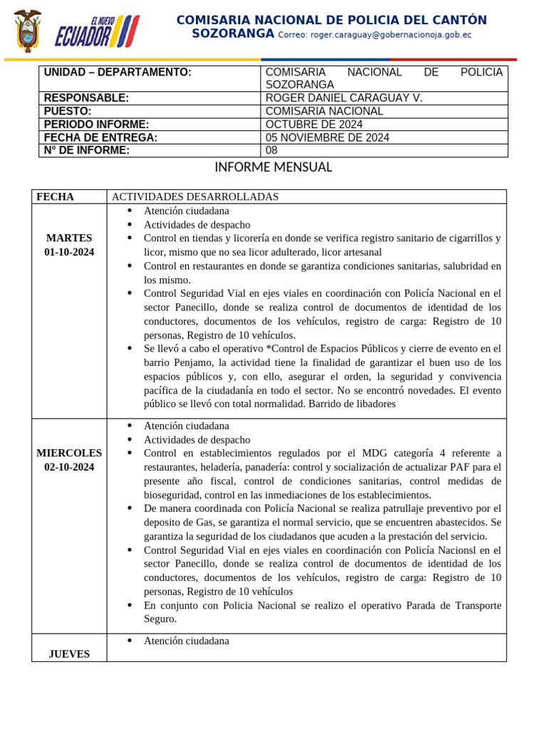 Informe Mensual Octubre Comisaria | PDF | Policía | Documento de identidad