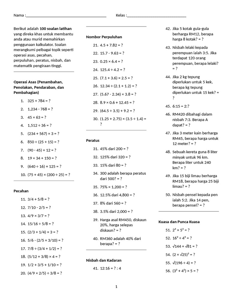 Berikut Adalah 100 Soalan Latihan Yang Direka Khas Untuk Membantu | PDF