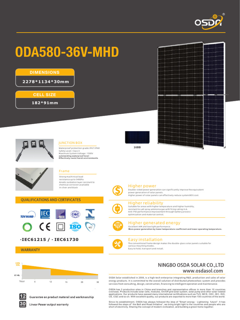 MODULO - OSDA 580Wp BIFACIAL | PDF | Solar Panel | Sustainable Technologies