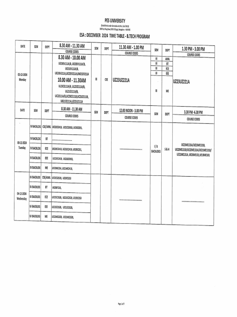 B.Tech Final Time Table ESA Dec.24 - Revised | PDF