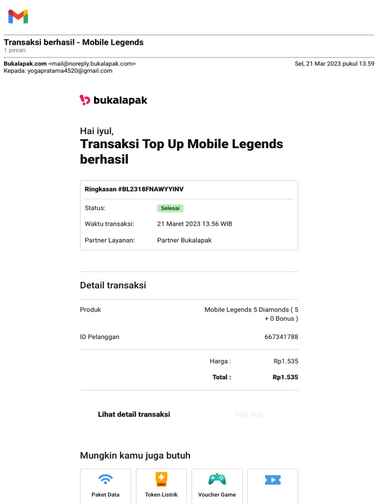 Gmail - Transaksi Berhasil - Mobile Legends | PDF