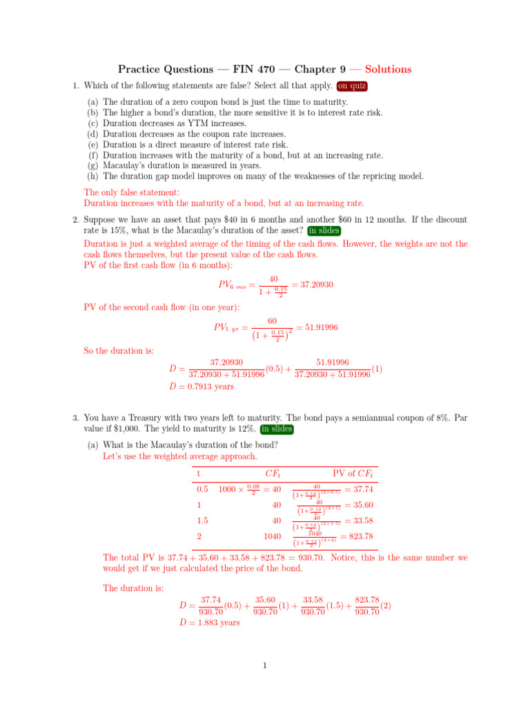 FIN 470 Practice - CH 09 - Solutions | PDF | Bond Duration | Bonds ...