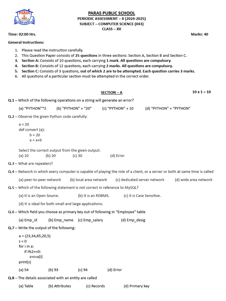 Cs (083) - Grade 12 Periodic Assessment - II Question Paper | PDF ...
