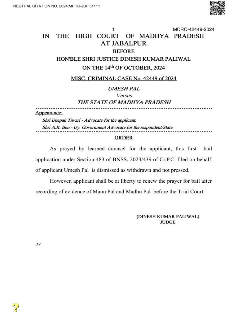 Bail Application Dismissed - MCRC 42449/2024 | PDF