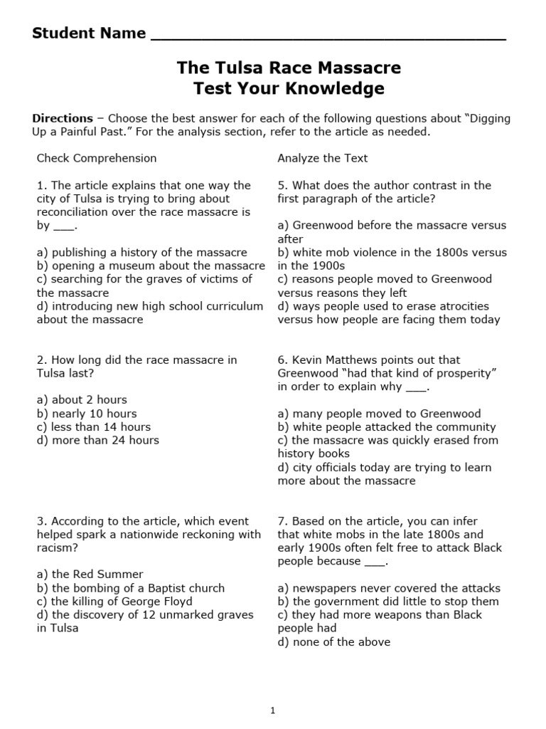 Tulsa Race Massacre Worksheet | PDF