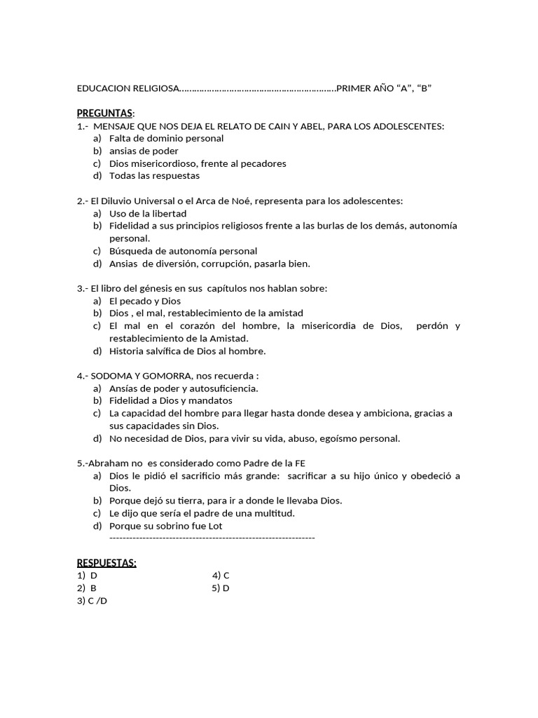 Examen de Educación Religiosa 1° Año | PDF