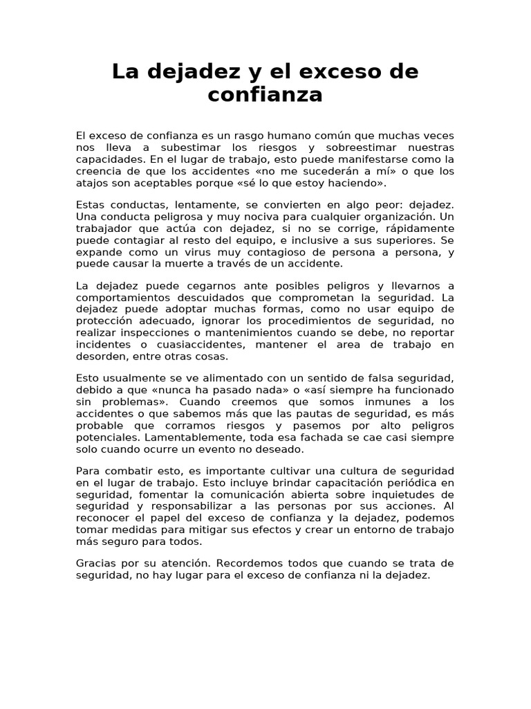 Exceso de Confianza y Dejadez Laboral | PDF
