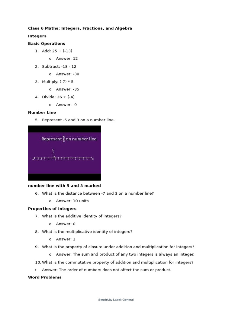 Class 6 Maths Integers Fractions, and Algebra | PDF | Numbers | Arithmetic
