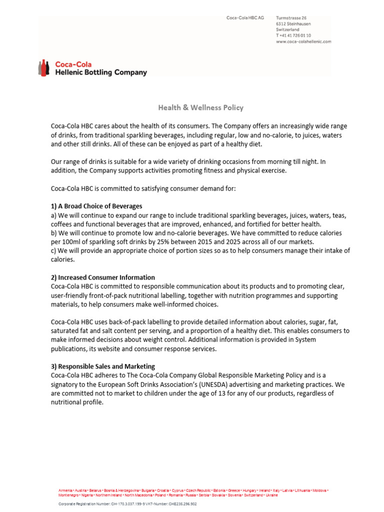 Coca Cola HBC Health Wellness Policy | PDF | Drink | Coca Cola