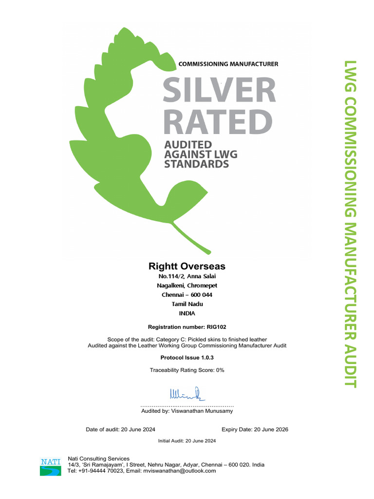 LWG Commissioning Manufacturer Audit Certificate Silver 1.0.0 Rightt ...