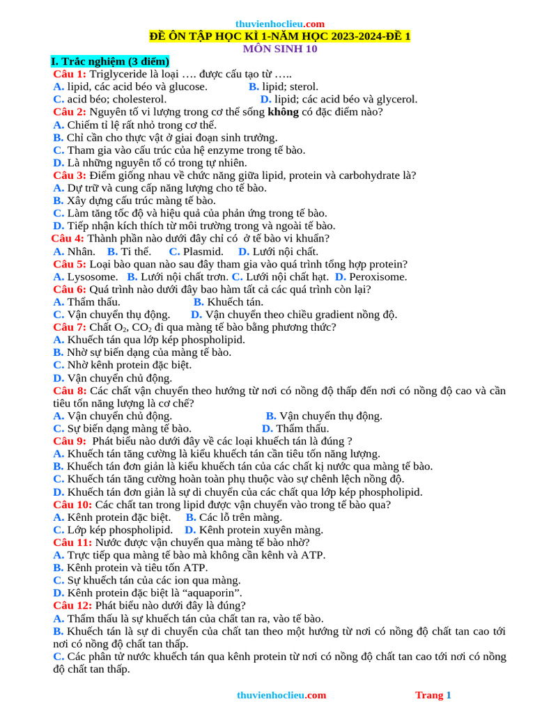 Bo-de-on-thi-HK1-Sinh-10 | PDF