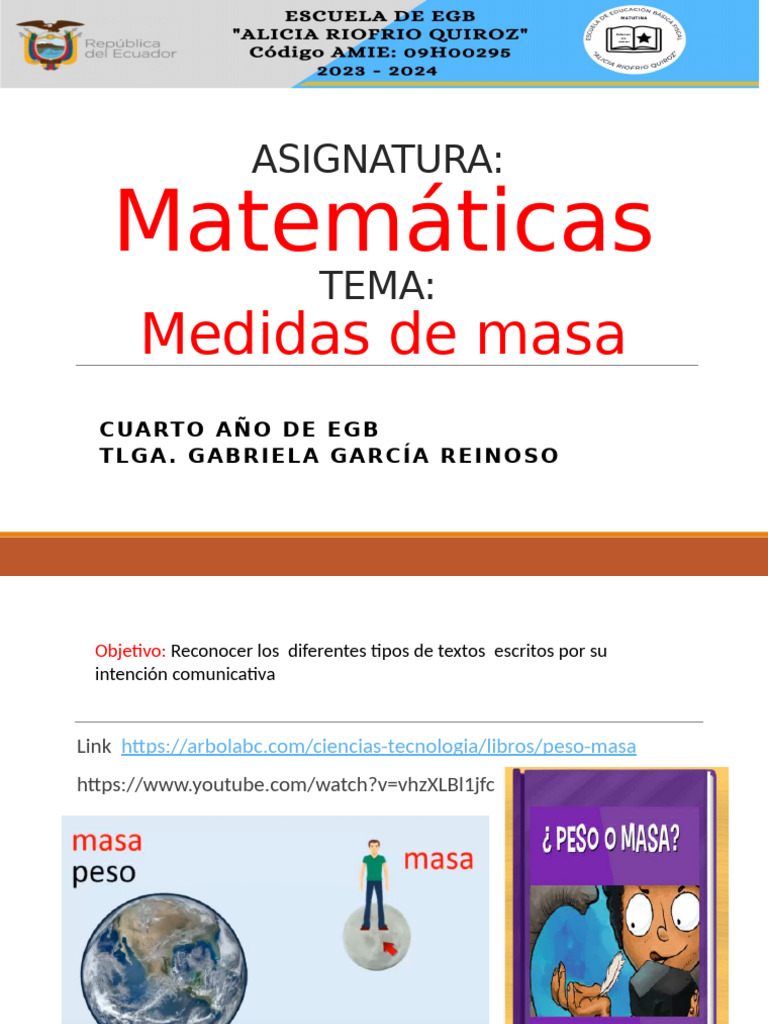 CLASE MATEMATICAS 4to MASA O PESO | PDF